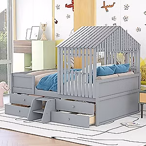 Full Size Wood House Bed Low Loft Bed with 4 Drawers, Playhouse Design Montessori Bed Tent Bed Platform Bed Frames with Safety Fence for Kids Teens Girls & Boys, Strong Sturdy Slats Support (Gray-K)