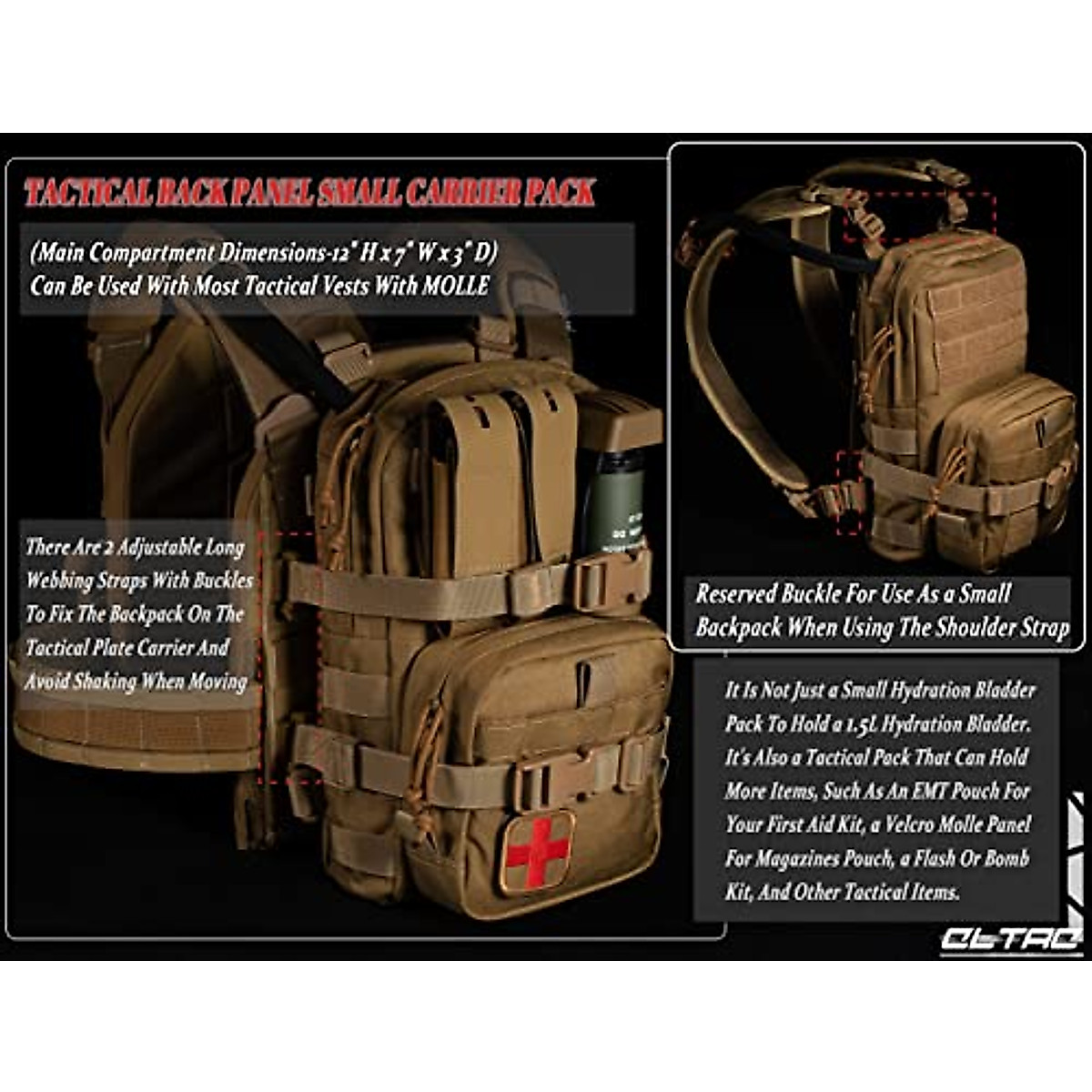 CLTAC Tactical Small MOLLE Hydration Pack Outdoor Water Bladder Carrier Pack for Vest Backpack