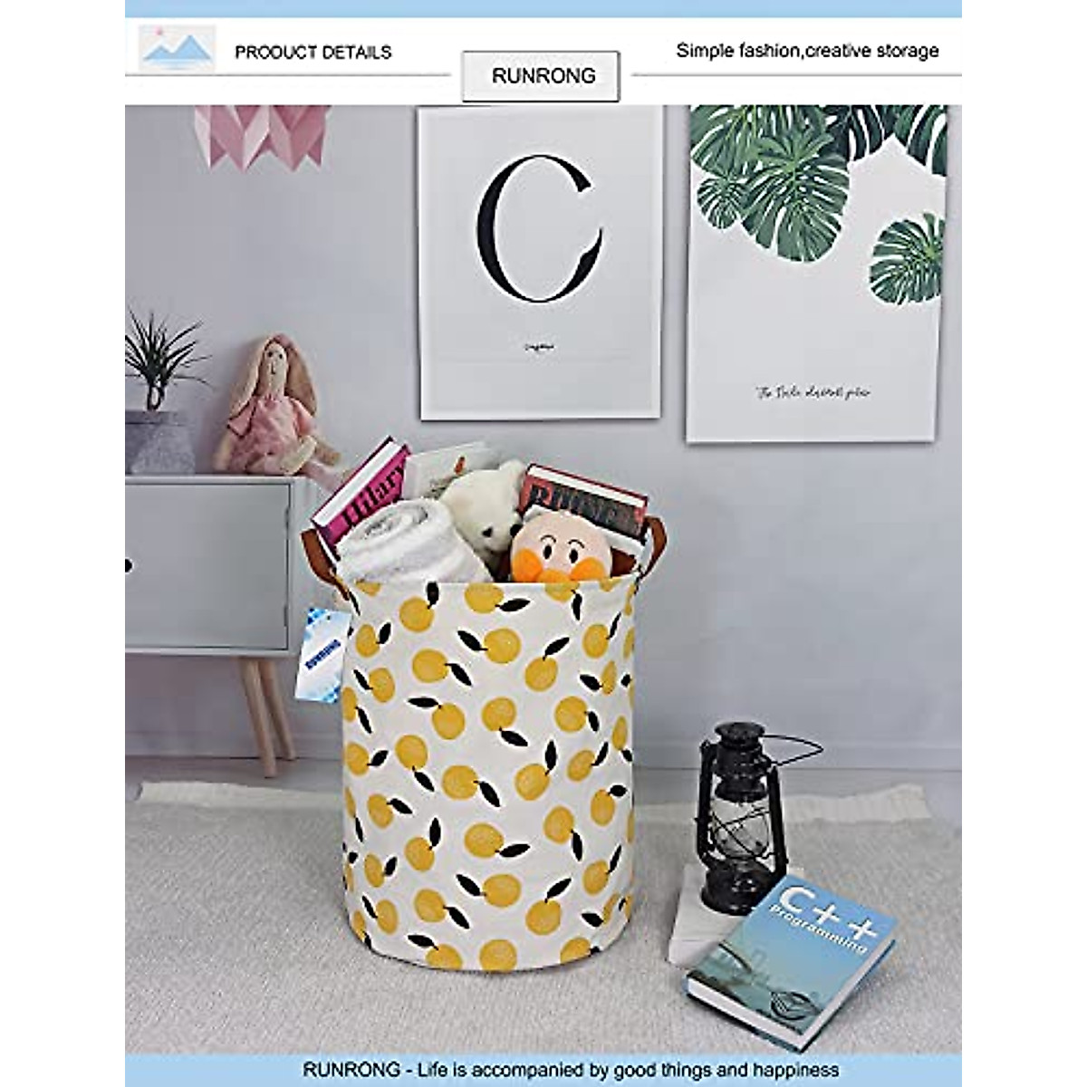 RUNRONG Large Size Round Storage Basket Foldable Waterproof Canvas Laundry Hamper with Handles Nursery Organizer for Bedroom /Living Room/Bathroom(RUN Round Orange)