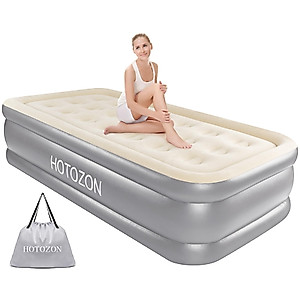 HOTOZON Twin Air Mattress with Built-in Pump, 18" Foldable Air Bed with Carry Bag, Luxury Elevated Inflatable Air Mattresses, Blow Up Airbed for Home, Camping & Guests, Grey