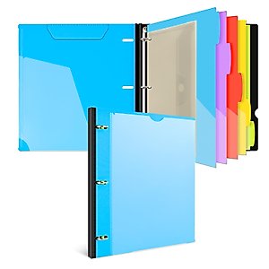 INFUN Telescoping Project Organizer Binder,13 Pocket 3-Ring Folder Binder with Customizable Front Cover,Refillable Binder Organizer with 5 Colors Divider with Tabs and Plastic Binder Pocket -Blue