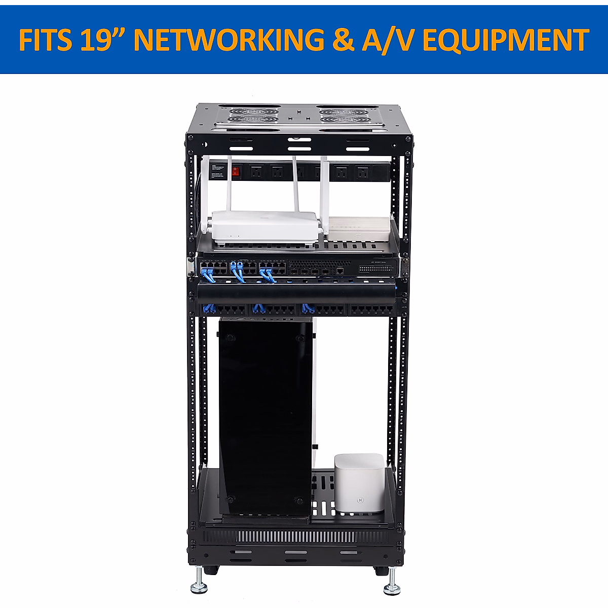 Tedgetal 20U Open Frame Rack for Servers & AV Gear - Wall Mountable Design Includes 2X Vented Shelves, 4X Leveling Feet, 4X Casters