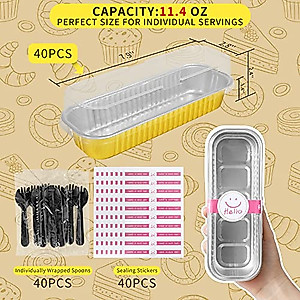 HEYYUMI 11.4oz Mini Loaf Pans with Lids and Spoons 40 Pack, Aluminum Foil Narrow Cake Pans,Rectangle Baking Pans,Cupcake Cups Muffin Tins,Disposable Ramekins Containers for Mini Bread Brownie - Gold