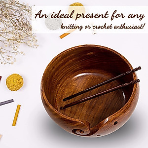 Eunoia Wooden Yarn Bowl Holder | Handmade Knitting Wool Storage Basket with Holes for Knitting, Crocheting, Home & Garden Arts, Crafts & Sewing | Free Wood Crochet Hook & Travel Bag - 8" x 4"