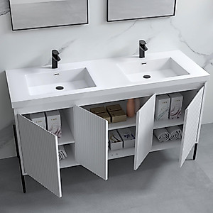 Dowell 60“ Fluted Design Vanity Set – Modern Bathroom Cabinet with Soft-Close Door & Shelf.Glossy White- 0026021V/6122BP