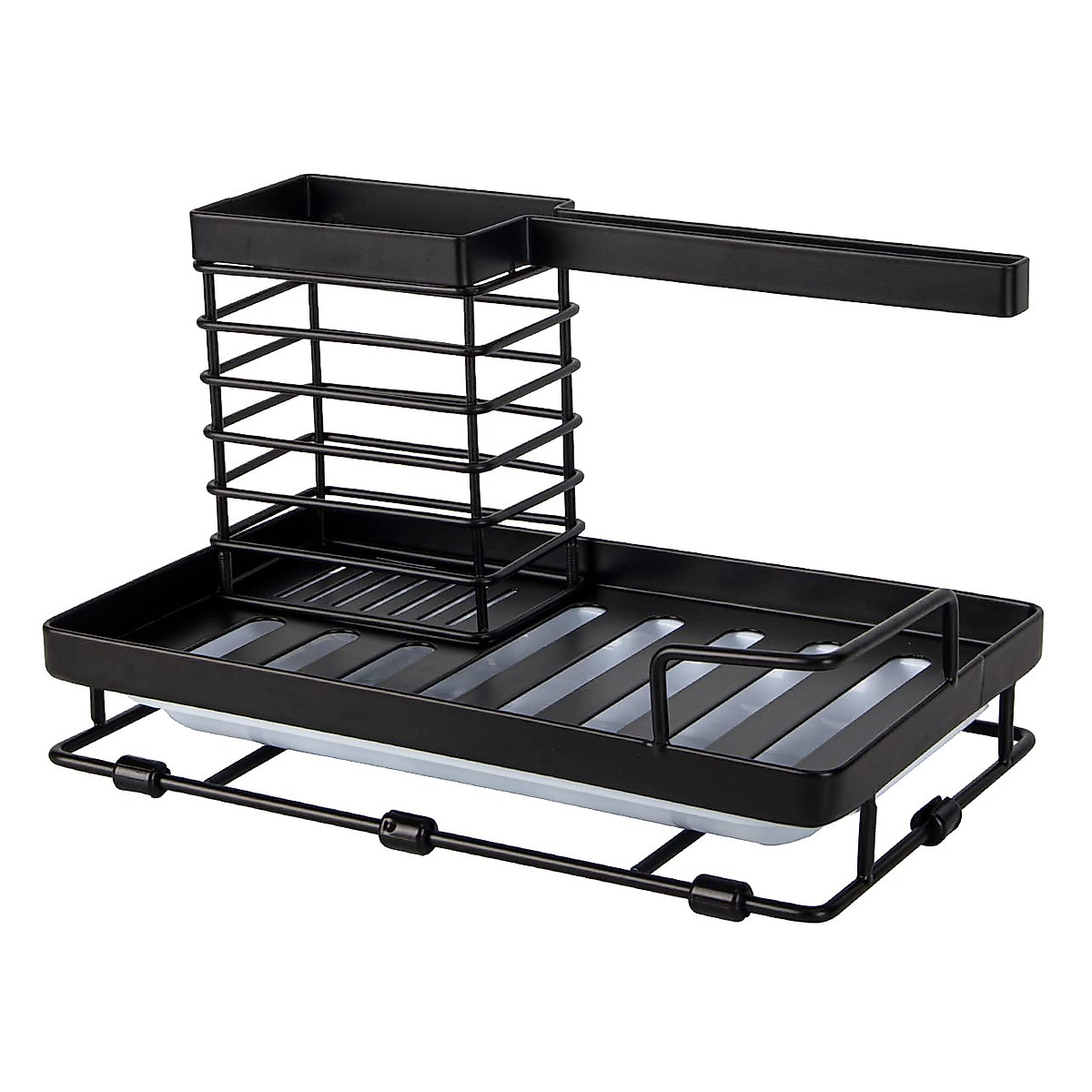 Mlesi Kitchen Sink Caddy Organizer, Soap and Dish Sponge Holder with Drain Tray, Countertop Soap Dispenser Scrubber Brush Dishcloth Storage Rack Rust-Proof Black