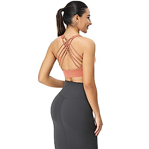 icyzone Sports Bras for Women - Activewear Strappy Padded Workout Yoga Tops Bra (Copper Brown, L)