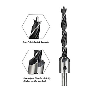 Chew Steel Tools, 11 Pack Woodworking Chamfer Drilling Tools Including 7 Brad Pointed Countersink Drill Bit with L-Wrench, 3 Titanium Countersink bits, 1 Hex Key Wrenc