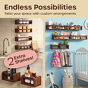 HOMEY PANDA 4+2 Floating Nursery Book Shelves for Wall: 4 Long & 2 Mini Shelves, Bookshelf for Kids & Baby Bookshelf, Nursery Book Shelf for Kids Rooms. Nursery Bookshelf (6-in-1 Walnut)