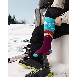 OutdoorMaster Ski Socks, 2-Pair Pack Skiing and Snowboarding Thermal Socks for Women with Over the Calf Design w/Non-Slip Cuff, Mountain Patterns - Henna, Medium