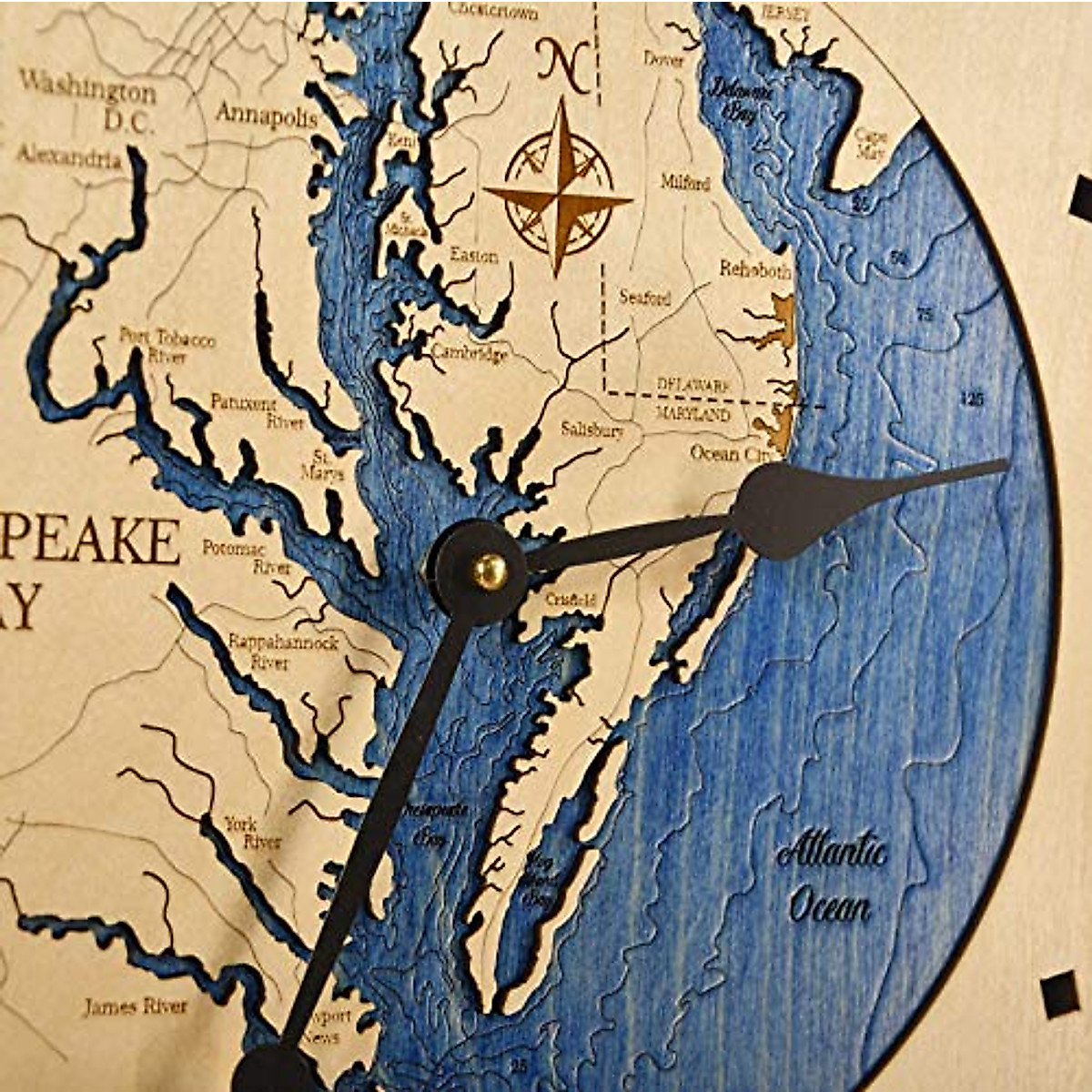Sea & Soul Chesapeake Bay 3-D Nautical Wood Chart 12" Wall Clock, Handcrafted in The USA, Topographic Water Map Clock, Carved Lake Art Wall Clock, Coastal Décor (Deep Blue)