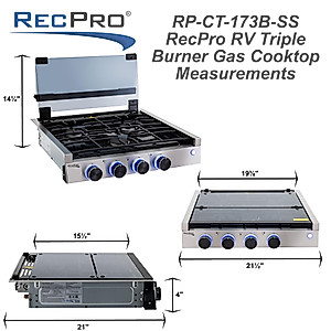 RecPro RV Built In Gas Cooktop | 2 Burner or 3 Burner | RV Cooktop Stove | 6,500 and 8,000 BTU Burners | Cover Included (Stainless Steel, 3-Burner)