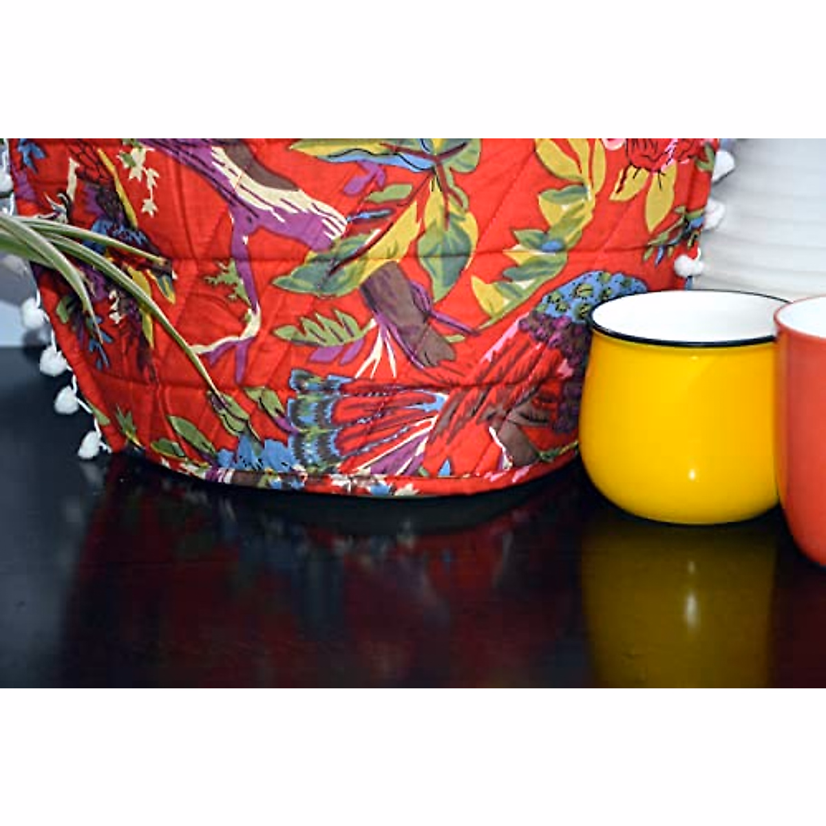 Tea Cozy Cotton Vintage Floral Tea Cosy for Teapots Keep Warm Teapot Cover Insulated Kettle Cover Tea Cozies with pom pom (Red Bird with white pom pom)