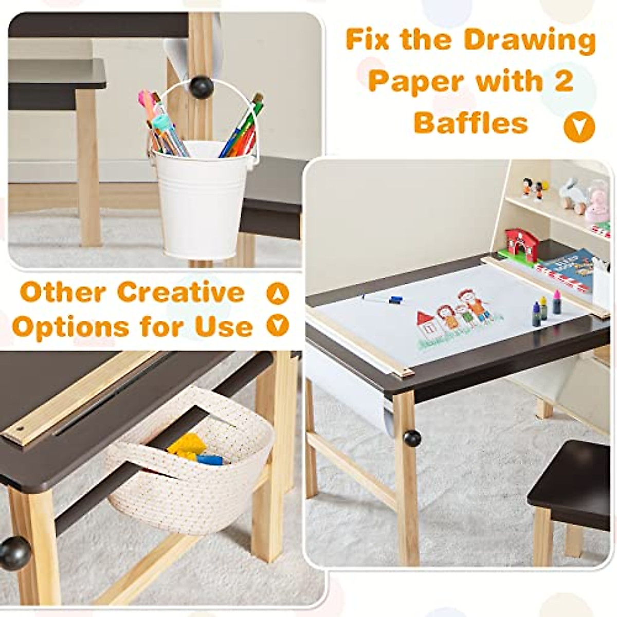 TUOCHUFUN Kids Art Table and Chair Set, Wooden Drawing Painting Craft Center with Paper Roll, 2 Markers, 2 Storage Bins, Kids Activity Play Table with 2 Stools for Boys Girls Ages 3+