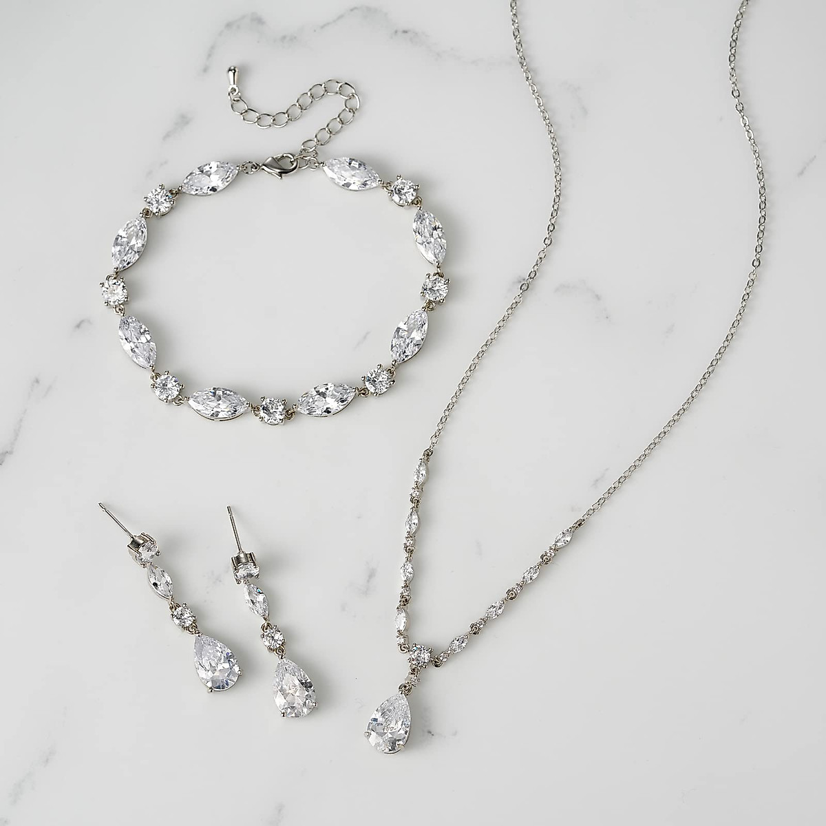 SWEETV Bridal Jewelry Set for Wedding, Cubic Zirconia Necklace Dangle Drop Earrings Bracelet Set, Teardrop Marquise Brides Bridesmaids Wedding Prom Anniversary Jewelry Gifts for Women