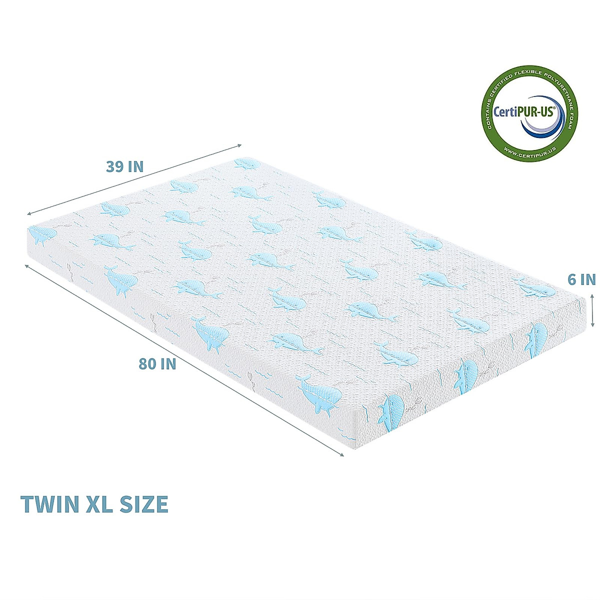 OUUI 6 Inch Twin XL Mattress, Removable Washable Cover with Whales Pattern Cooling Memory Foam Medium Feel, Bed-in-a-Box, CertiPUR-US Certified, White/Blue