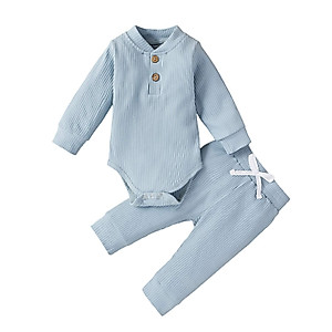 Ledy Champswiin Winter Newborn Baby Boy Girl Clothes Set Ribbed Outfits Unisex Infant Solid Long Sleeve Tops Pants 2PCS