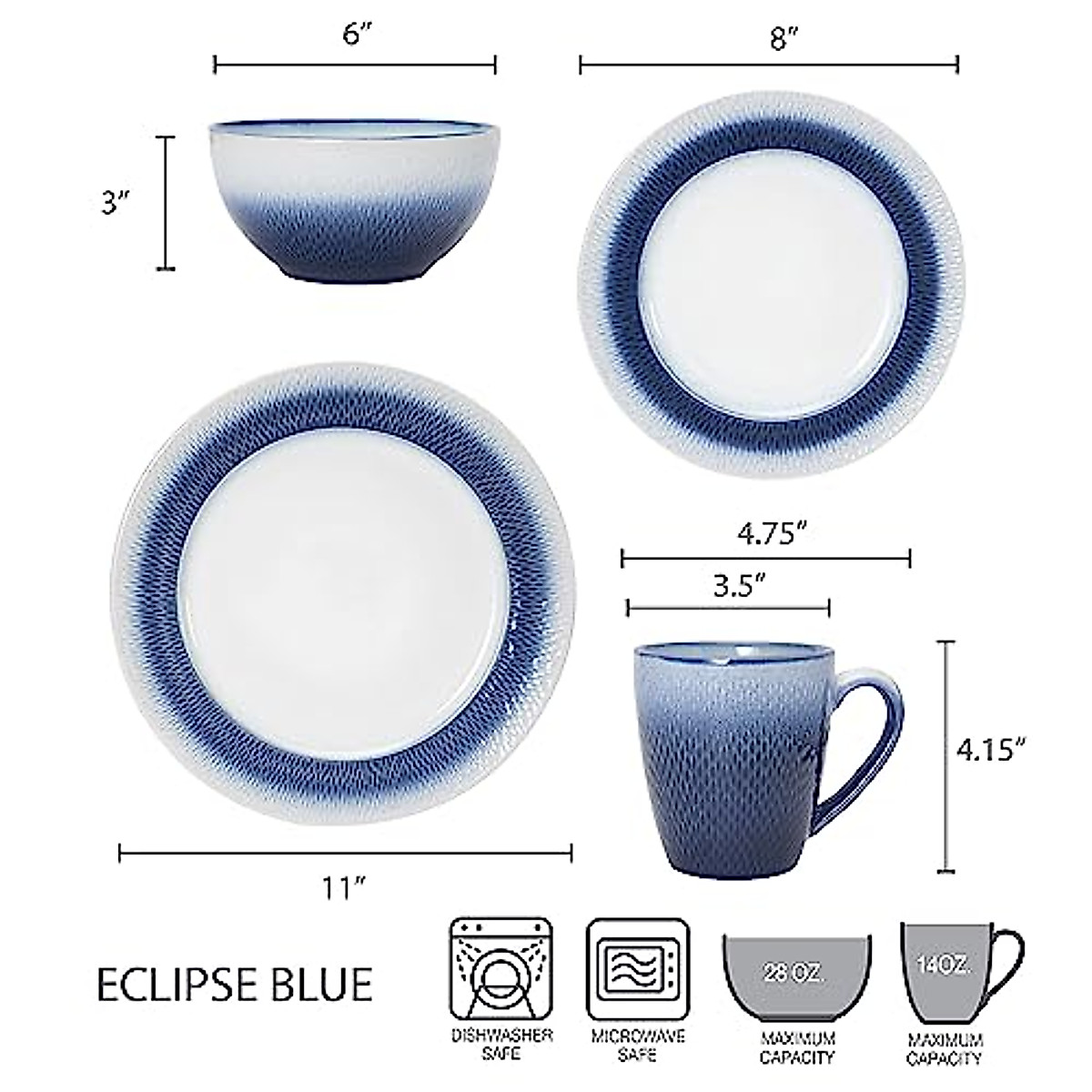 Pfaltzgraff Eclipse Blue 16-Piece Stoneware Round Dinnerware Set, 1 inch dinner plate, 8 inch salad plate, 6 inch soup cereal bowl (26 ounce) and 14 ounce mug, Blue/White