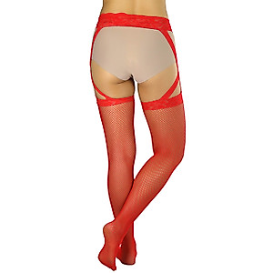 ToBeInStyle Women’s Flirtatious Hip Criss Cross Lace Fishnet Garter Belt Stockings - - Red (Queen)