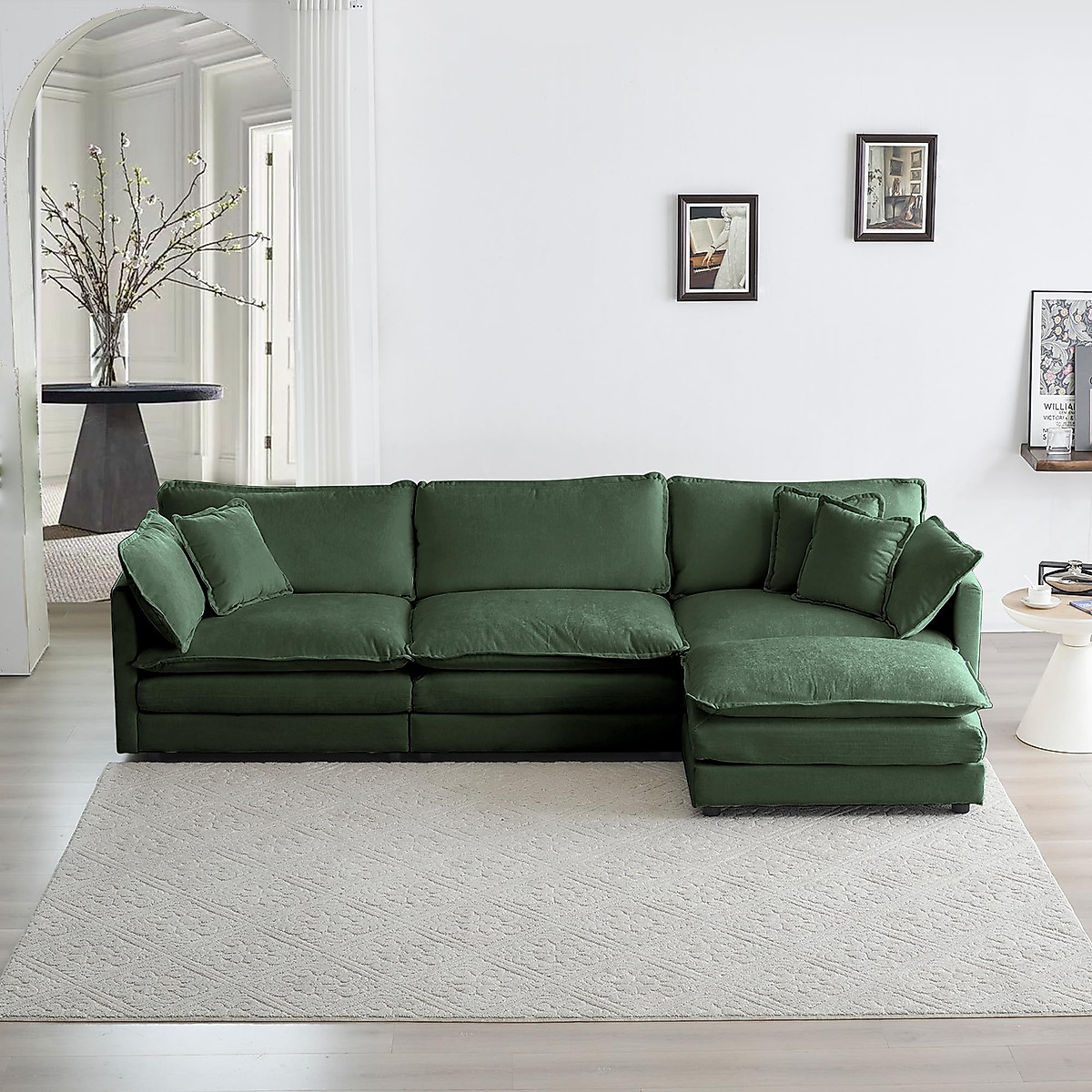 Tmsan 111.42" Modular Sectional Sofa, Green Convertible Modern L Shaped Sofa Chenille Cloud Couches Set with Ottoman for Living Room Bedroom Apartment Office, 3 Seater