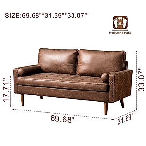 XIZZI Mid-Century Loveseat Sofa for Living Room,69.68" Small Couch for Small Spaces Bedroom with Solid Wooden Frame and High Density Sponge Cushion,Dark Brown