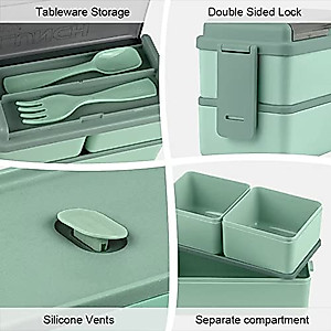 Bento Box Adult Lunch Box, 2 Layer Stackable Bento Lunch Containers for Adult with 3 Compartments, BPA-FREE Bento Lunch Box with Utensil(49 Oz), Leak-Proof Salad Box Microwave Safe Bento Box