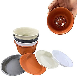 AQSXO 4 inch Planter Nursery Pots, Plastic Planters Pots for Plants Flower Transplanting with Drainage Holes and Saucers, 4 Colors 8 Pieces.