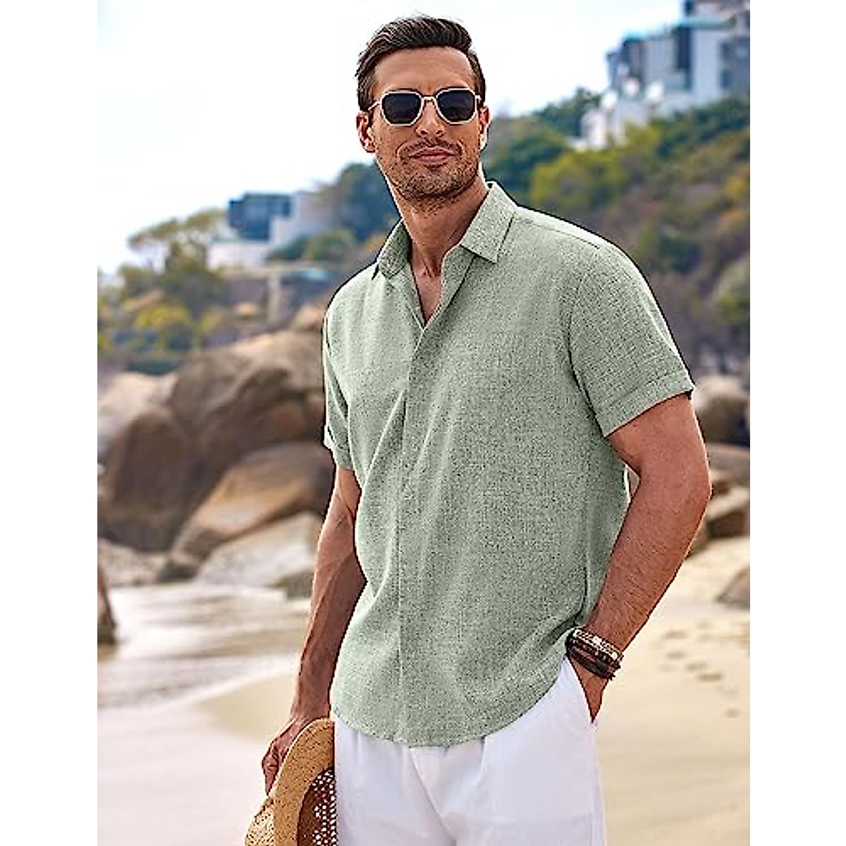 COOFANDY Men's Casual Button Down Shirts Linen Untucked Business Fitted Casual Shirt Short Sleeve Light Green