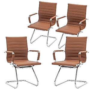 Guyou Office Reception Guest Chairs Set of 4 Mid Back PU Leather Metal Leg Sled Base Conference Reception Room Chairs with Arms (Coffee, 4 PCS)