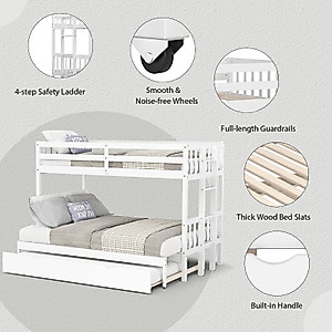 KOTEK Pull-Out Bunk Bed with Trundle, Twin Over Full, Twin Over 2 Twins Bunk Bed with Ladder & Safety Rails Accommodate 4 People, Detachable Solid Wood Bunk Bed for Kids, Adults (White)