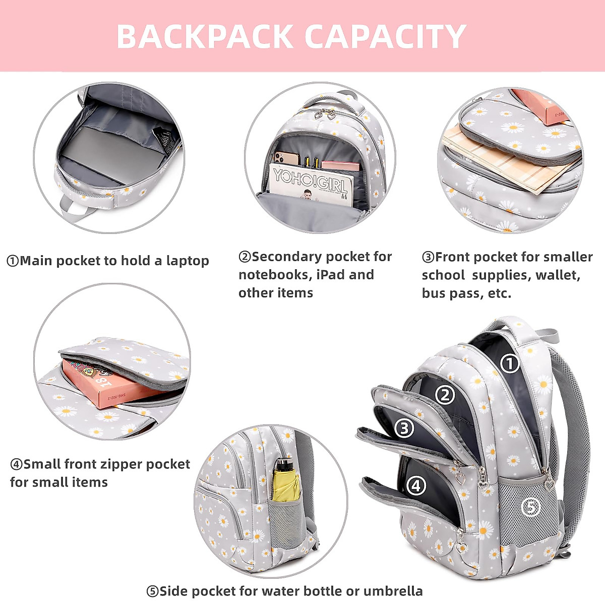 Armbq 3Pcs Daisy Printed Kids Backpack Girls School Bookbag Set Elementary Students Daypack with Lunch Bag