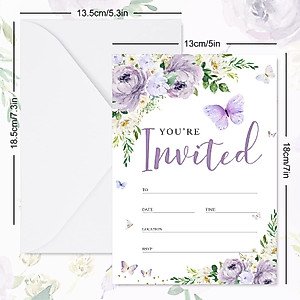 AnyDesign 20 Set Butterfly Purple Floral Invitations with Envelopes Stickers 5 x 7 Inch Spring Watercolor Invitation Paper Cards Blank Invites for Girls Baby Shower Wedding Birthday Dinner Party