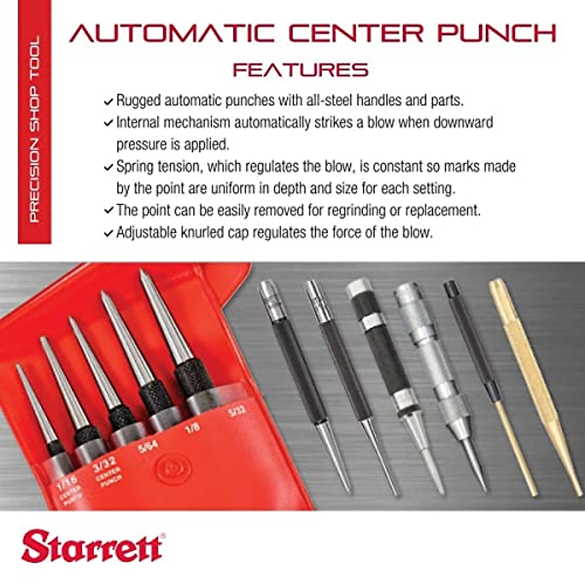 Starrett Steel Automatic Center Punch with Adjustable Stroke - 5-1/4" (130mm) Length, 11/16" (17mm) Punch Diameter, Lightweight, Knurled Steel Handle - 18C