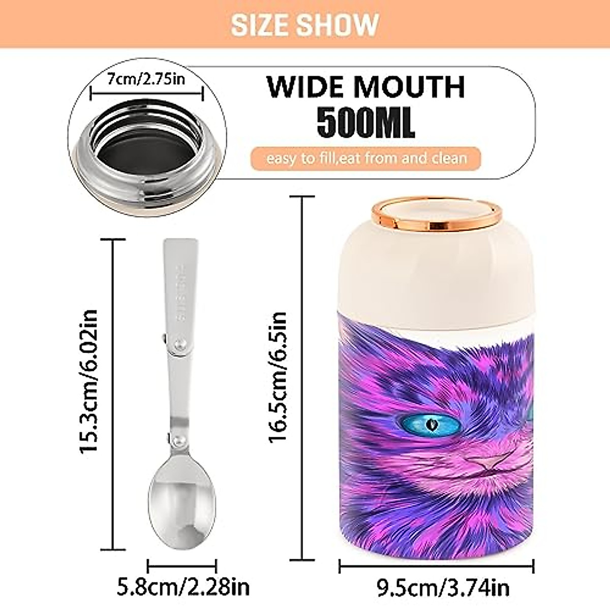 CUPADA Purple Cat Face Food Jar, Cute Animal Insulated Hot Food Jars Vacuum 17OZ with Folding Spoon for Work Trip Picnic Camping
