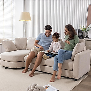 Mjkone Curved Small Cloud Couch, 3-Seat Living Room Minimalist Style Comfy Sectional Sofa, Modern Linen Fabric L Shaped Sofa Couch with Chaise for Apartment Office, Beige