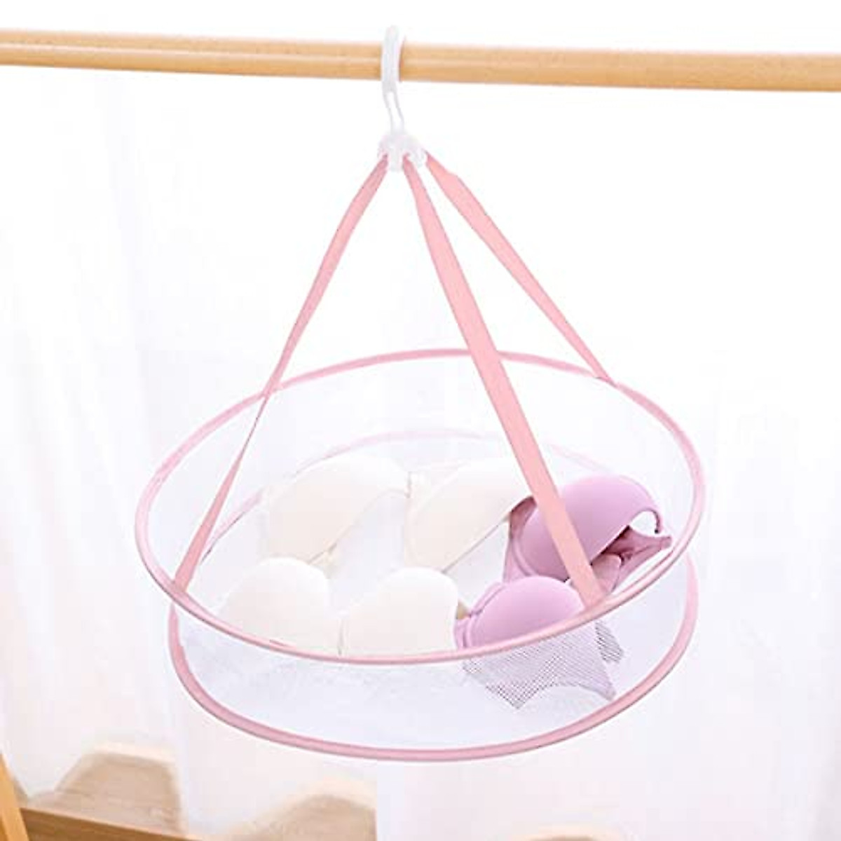 Qtopun Foldable Hanging Mesh Dryer, Single-Layer Sweater Drying Rack Flat Clothes Drying Net Laundry Mesh Rack for Underwear Lingerie Toy Herb — Pink