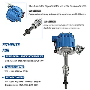 HEI Ignition Distributor for Small Block Ford 351W Windsor 5.8L 8 Cylinder New Distributor 65K Coil with Blue Cap