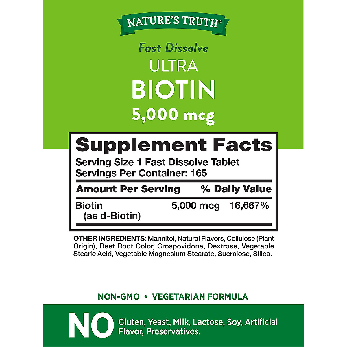 Nature's Truth Ultra Biotin 5000mcg | 165 Fast Dissolve Tablets | Hair Skin and Nails Supplement | Natural Berry Flavor | Vegetarian, Non-GMO, Gluten Free