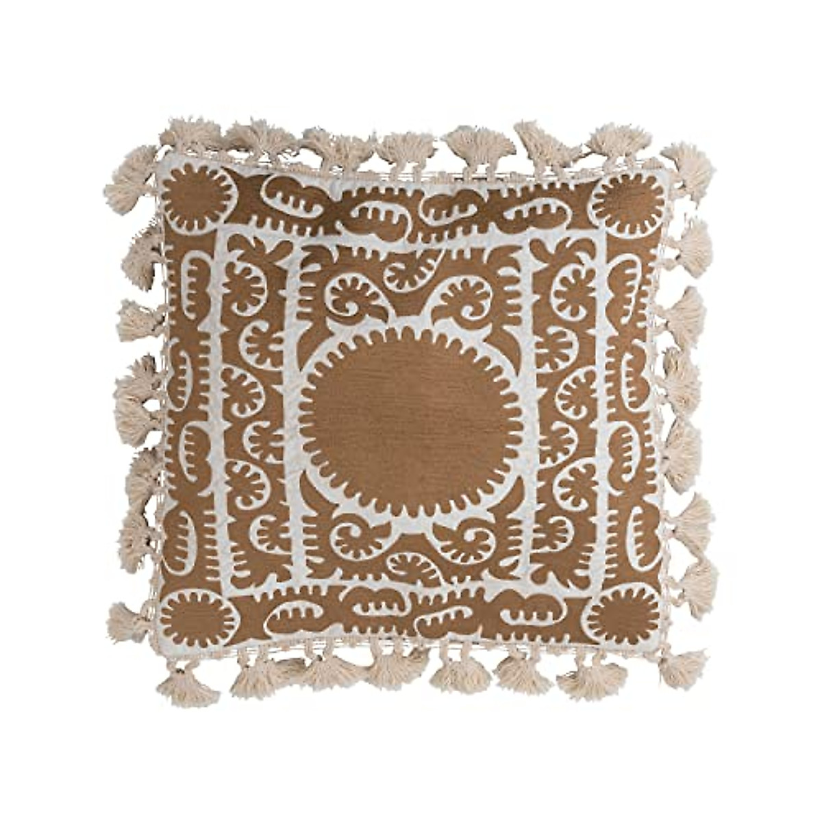 Creative Co-Op Cotton Pillow with Embroidery, Chambray Back and Tassels