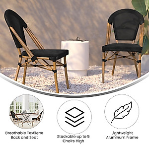 BizChair Set of 2 Indoor/Outdoor Commercial Bistro Stacking Chair, Black Textilene Back and Seat, Bamboo Print Aluminum Frame in Natural
