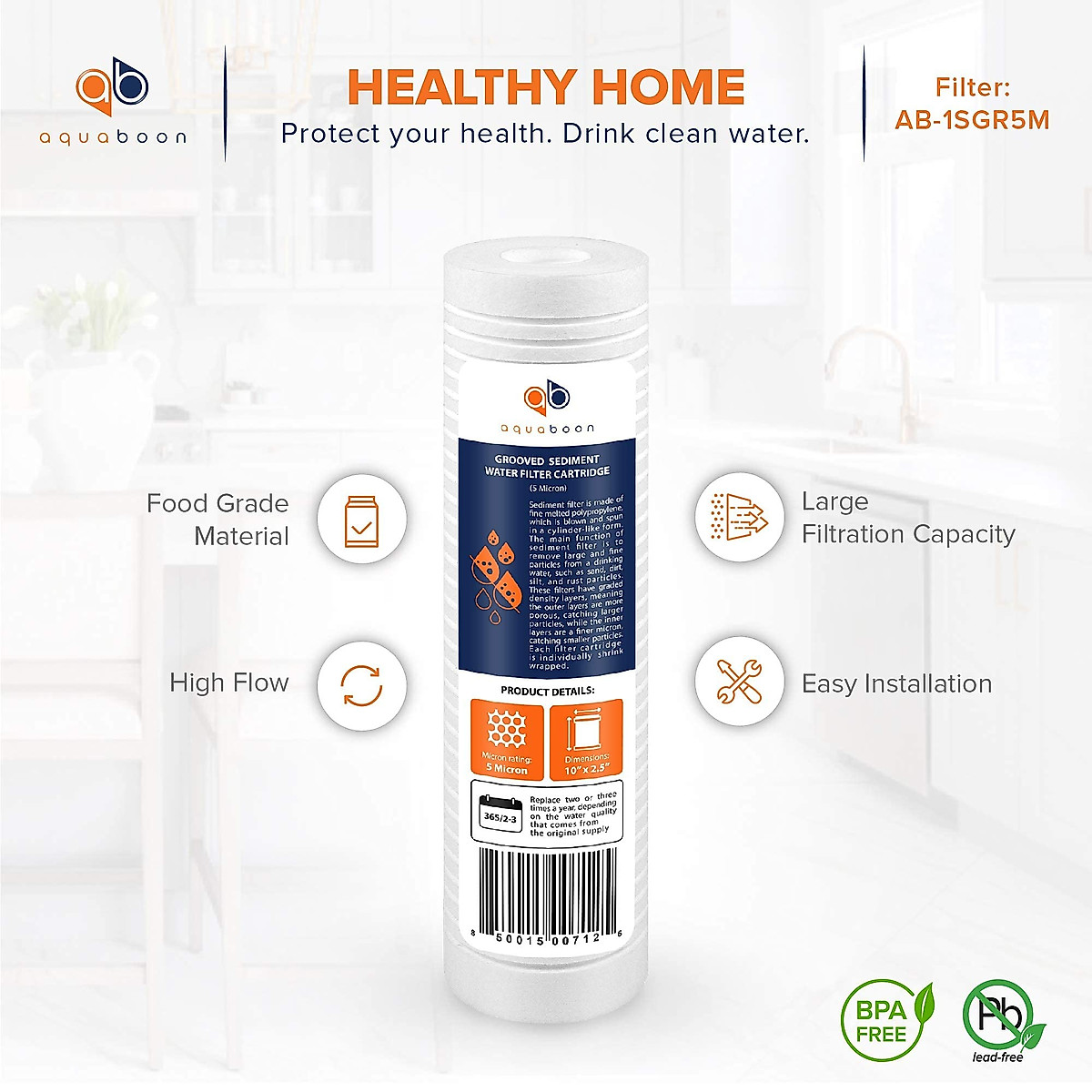 Aquaboon 5 Micron 10" x 2.5" Grooved Sediment Water Filter Replacement Cartridge for Any 10 inch RO Unit, Whole House Sediment Filtration, Compatible with P5, AP110, WFPFC5002, CFS110, RS14, 6-Pack