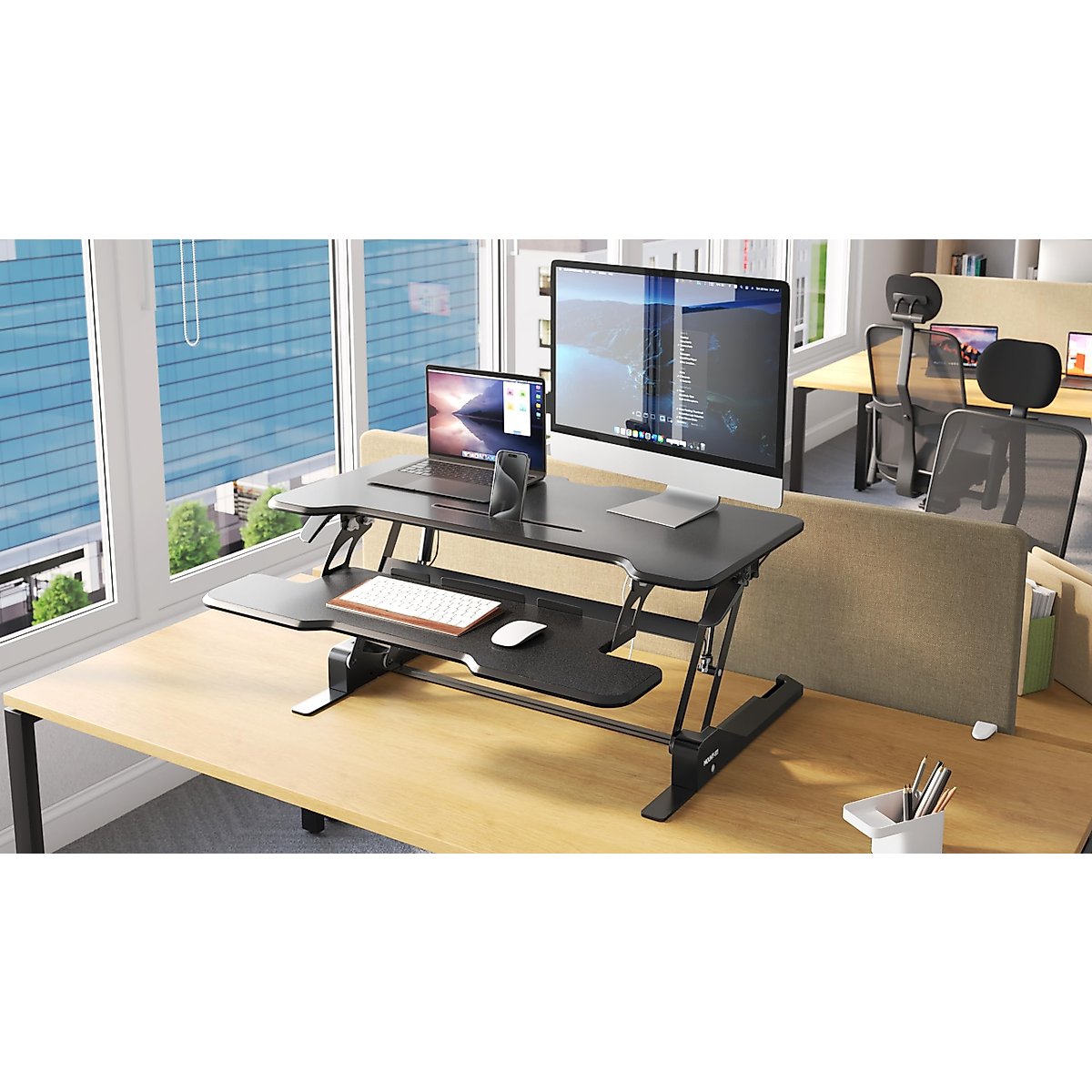 Mount-It! Height Adjustable Standing Desk Converter, 38” Wide, Stand Up Desk Riser for 2 Monitors, Manual Gas Spring Desktop Raises to 16.9", Fits Two Monitor Screens with Keyboard Mouse Tray in Black