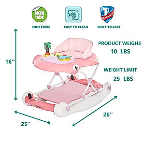 Dream on Me 2-in-1 Aloha Fun Baby Walker in Pink, Easily Convertible Baby Walker, Adjustable Three Position Height Settings, Easy to Fold and Store