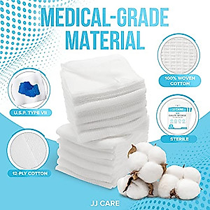 JJ CARE Sterile Gauze Pads 2" x 2" (Pack of 100), 12-Ply Cotton Gauze Pads, Individually-Wrapped Sterile Gauze Sponges, 100% Woven, Non-Stick Medical Gauze Pads for First Aid Kit & Wound Care