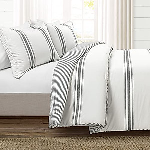 Lush Decor Farmhouse Stripe 3 Piece Reversible Comforter Bedding Set, California King, Dark Gray