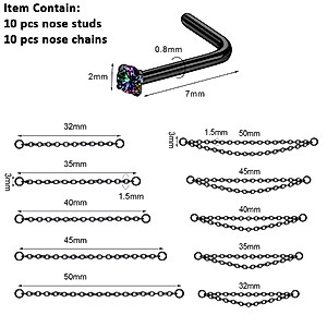 PunkTracker 20G Black Nose Rings 2mm 2.5mm 3mm CZ Nose Studs with Chain Surgical Steel Nose Piercing Jewelry Nose Rings Studs for Women Men