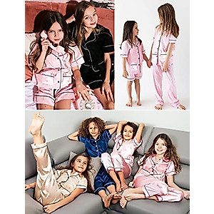 SWOMOG Kids Satin Pajamas Set 3Pcs Girls Boy Silk Pjs Set with 2 Pockets Short Sleeve Cute Button Down Sleepwear 4T-13T Champagne