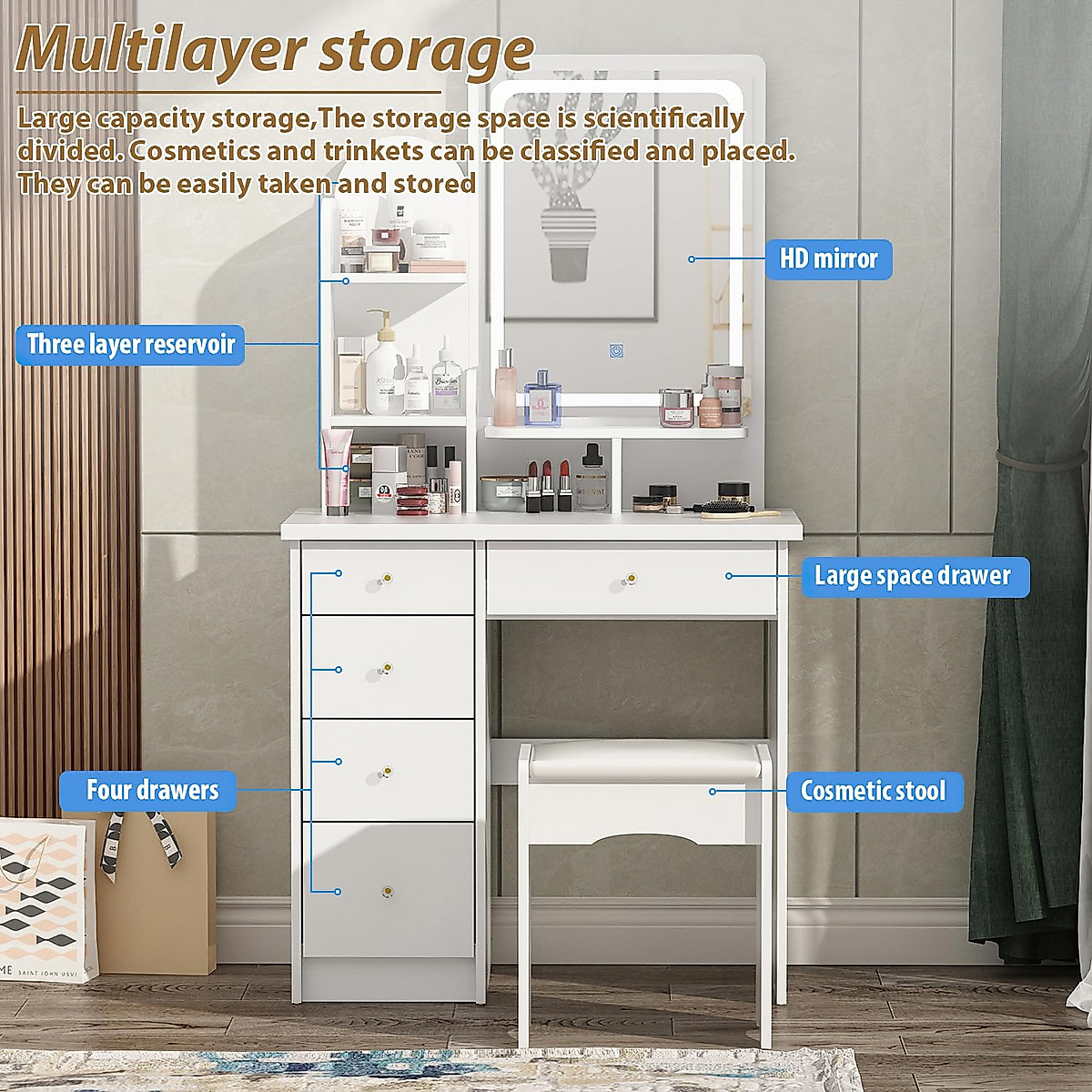 FUFU&GAGA Vanity Set with Rectangular Mirror, Makeup Vanity Dressing Table with 5 Drawers, Shelves, Dresser Desk and Cushioned Stool Set (B White/Lighted Mirror)