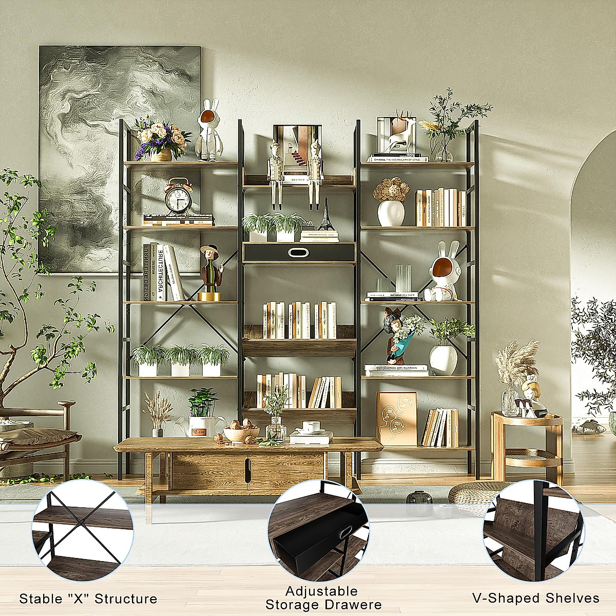 GEBAROW 5 Tier Bookshelf with Triple Wide, Modern Bookshelf with Metal Frame, Industrial Bookshelf, Large Open Bookshelf for Bedroom, Living Room and Home Office Vintage Brown (2)