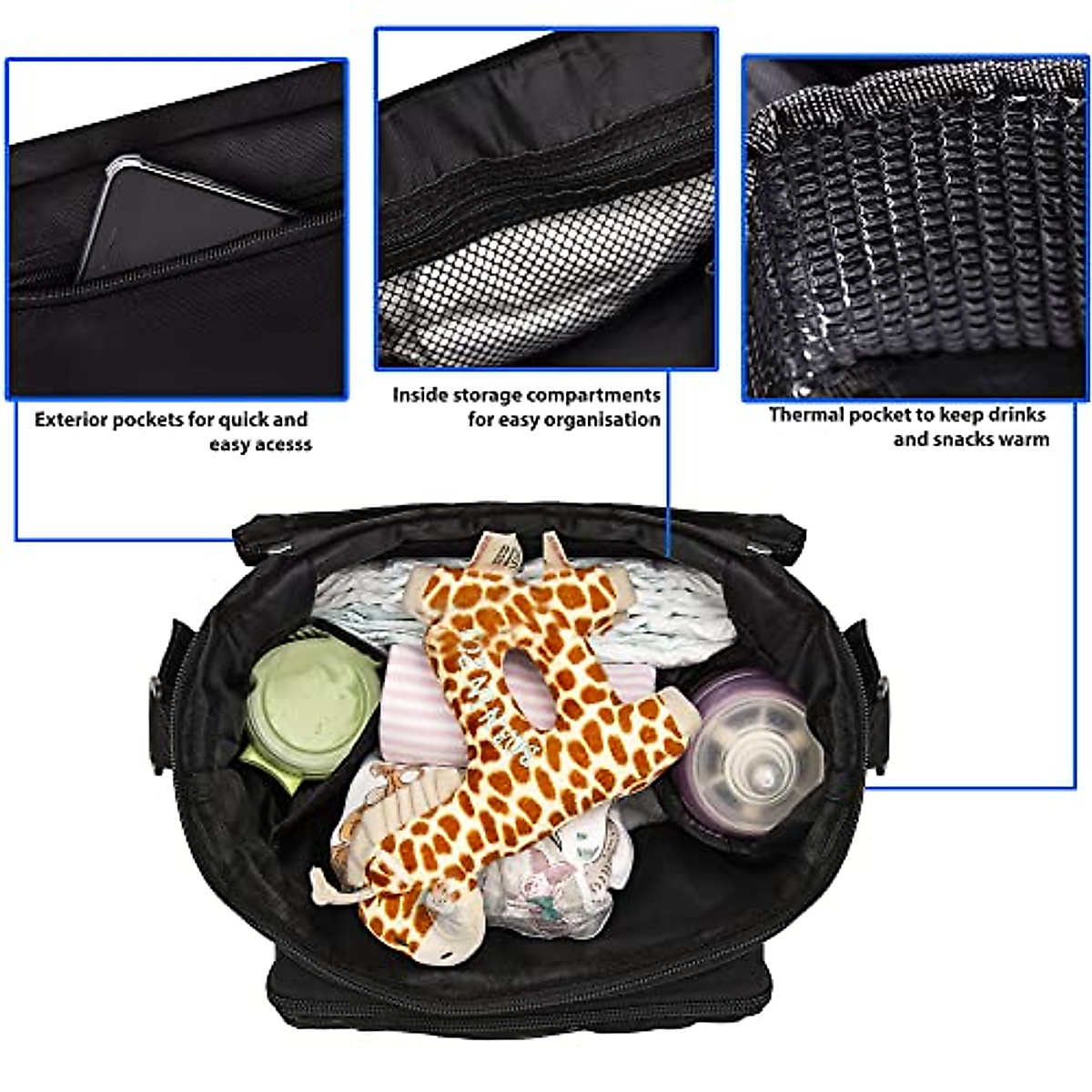 Universal Stroller Organizer; built-in wipe dispenser pocket, large space with bottle holders, detachable shoulder strap, multiple pockets for phone & other uses.